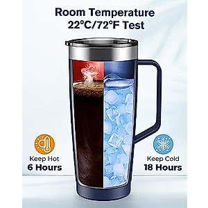 LyriFine Travel Mug with Handle, Od335 24oz Insulated Coffee Mug with Lid, Travel Mugs for Hot and Cold Double-Wall Vacuum Stainless Steel & Sliding Lid for Daily Life, Travel, Office, Blue
