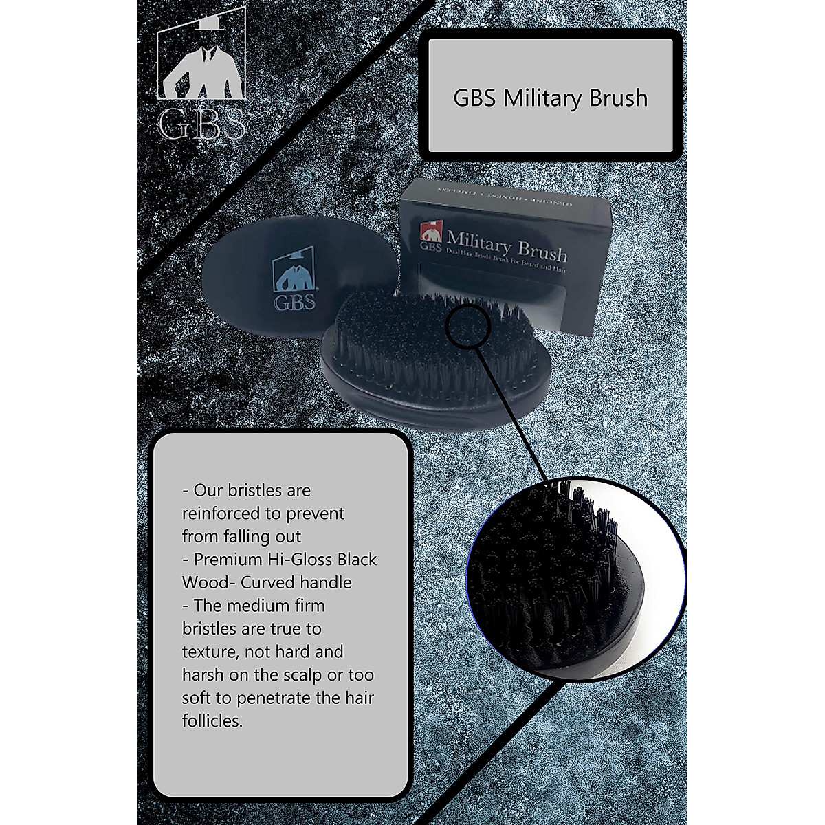 G.B.S Military Style Dual Bristle Beard and Hair Brush - Hi-Gloss Wood, Animal-free Vegan Bristles, Over 2,000 Firm Bristles for Daily Grooming (BLACK)