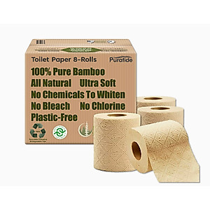 Purafide 100% Bamboo, thick 3-ply toilet paper, tree-free, unbleached, sustainable, 300 sheets per roll (TP 8 rolls)