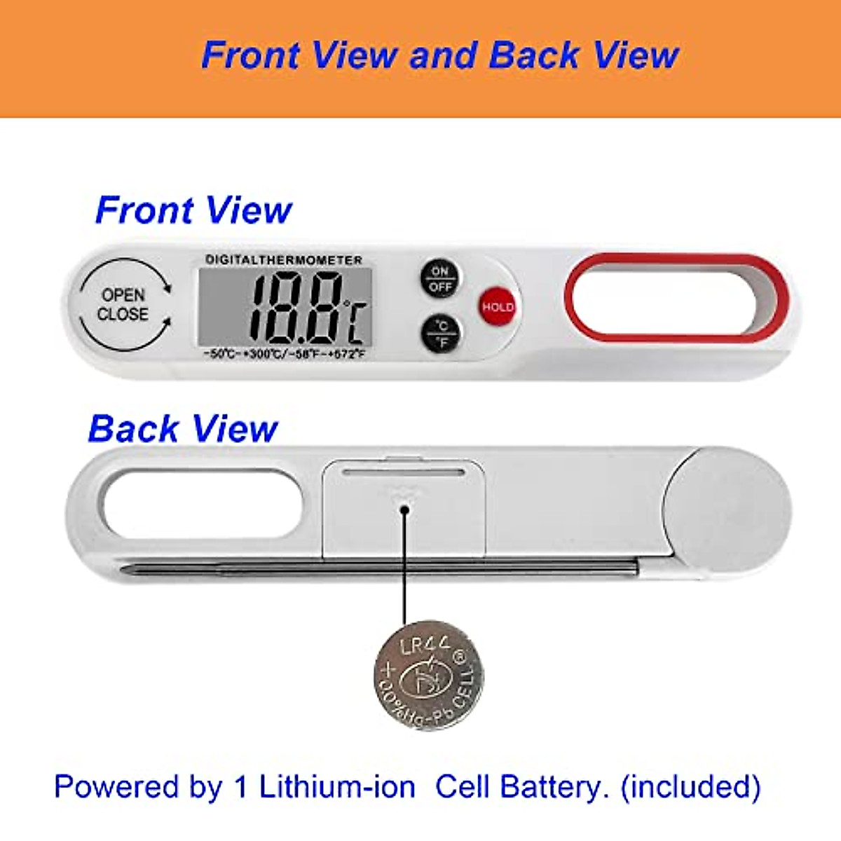 Wotermly Digital Kitchen Meat Thermometer with Backlight LCD and Foldable Long Probe, Instant Read Food Cooking Thermometer Use for Grill,Liquid, BBQ, Baking and Candy