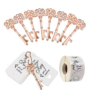 ZSHENJK 30 PCS Key Bottle Openers with 500 Thank You Stickers,Tag Cards,Key Chains,Vintage Skeleton Key Bottle Opener for Wedding Party Favors/Christmas/Birthday (Rose Gold)