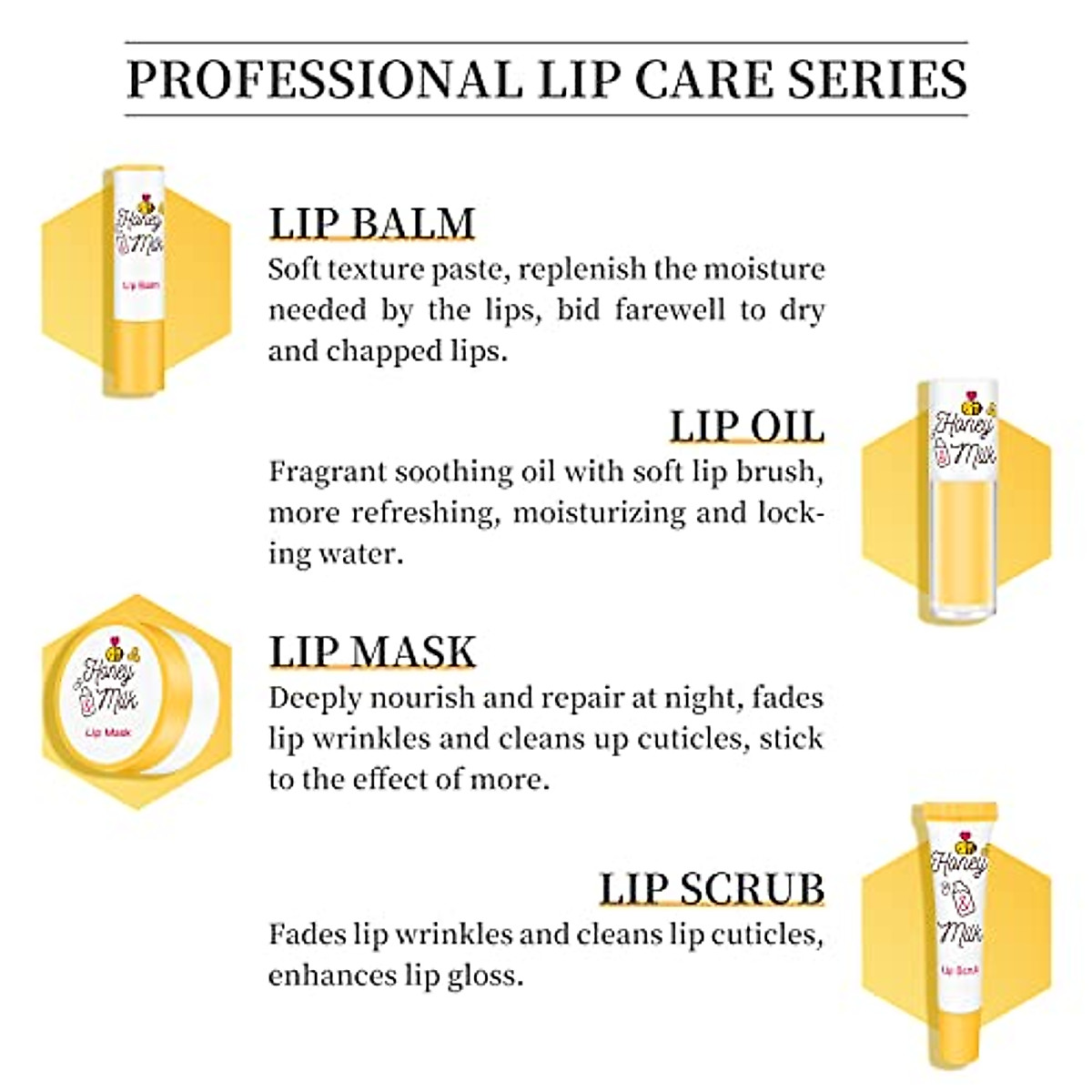LSxia 4 Piece Honey Milk Lip Mask Lip Balm Lip Scrub Lip Oil Lip Care Kit, Moisturizing & Nourishing Dry and Cracked Lips, Overnight Sleeping Lip Exfoliator Lip Moisturizer Lip Repair Holiday Gift Set
