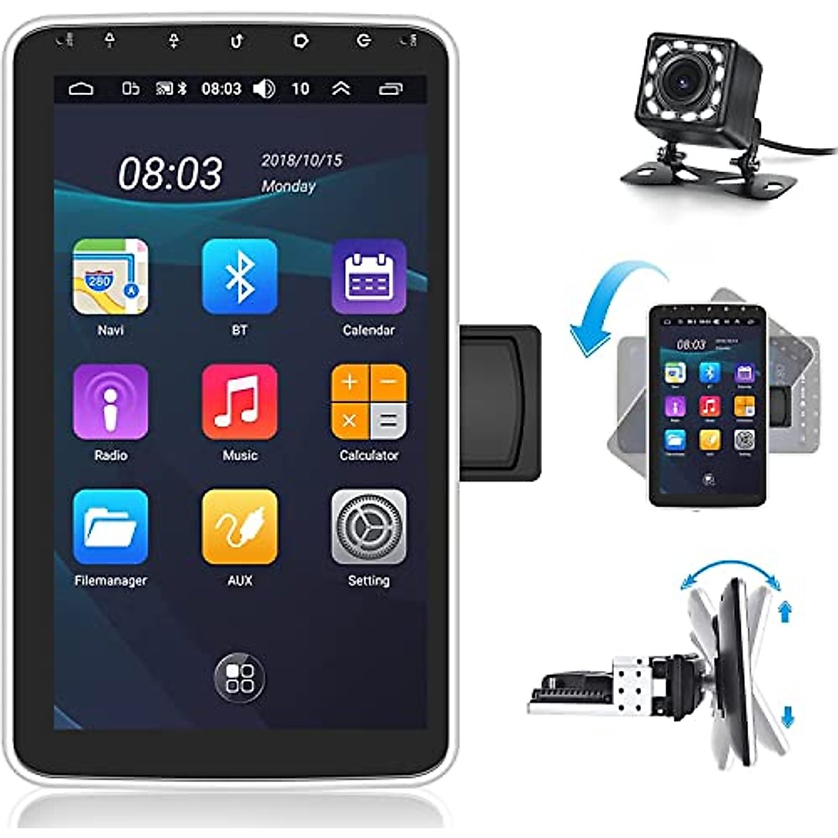 Android Stereo Hikity Single Din Car Stereo 10" HD Capacitive Vertical Rotatable Touch Screen Car Radio with Bluetooth GPS & Backup Camera, Car Audio Receivers Support WiFi Subwoofer Mirror Link