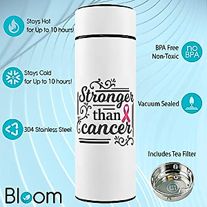Cancer Gift, Breast Cancer Survivor Gifts for Women 16oz Bottle With Tea Strainer, Insulated Stainless Steel, Coffee Mug, White, Cancer Awareness, Cancer Survivor, Bloomly
