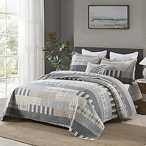 Y-PLWOMEN Quilts Queen Size - 100% Cotton Brown Grey Queen Quilt Farmhouse Plaid Quilted Bedspread, 3 Pieces Lightweight Reversible Queen Size Quilt Bedding Set for All Season
