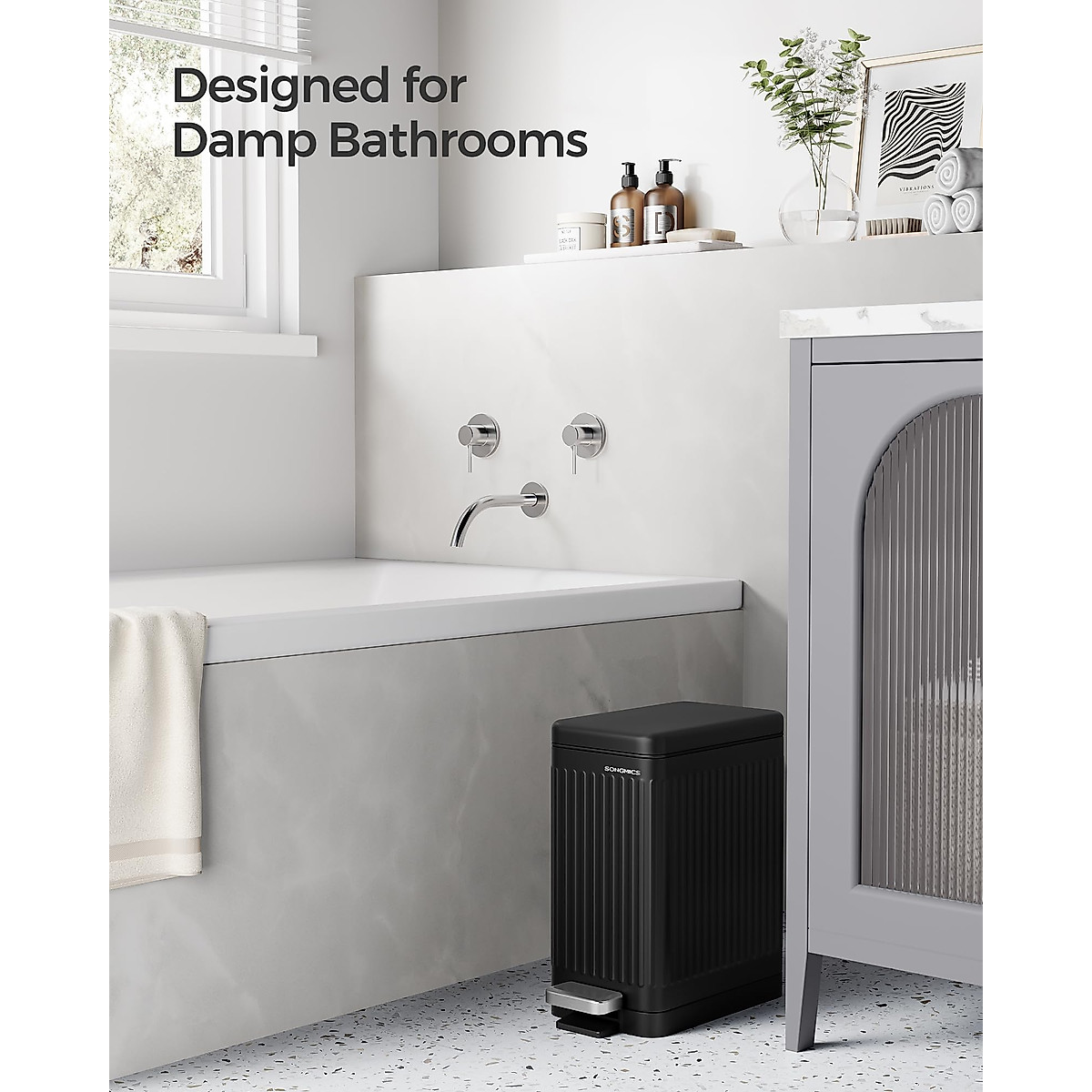 SONGMICS Bathroom Trash Can, 2.6-Gallon (10 L) Trash Bin with Lid, Slim for Small Spaces, Stainless Steel Garbage Can, Soft Close, Black ULTB562B01