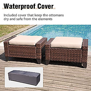 SUNSITT 2 Pieces Patio Furniture Ottoman Outdoor Wicker Footstool with Beige Cushion, Waterproof Furniture Cover