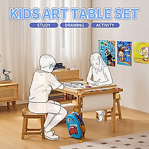 UNICOO Drawing and Art Table & Chair Set for Toddlers - Portable Craft Supplies Organizer and Storage Shelves, Canvas Bins, Paper Roll Rack, 2 Stools, Kids Art Table, Ages 2-12 (Nature)