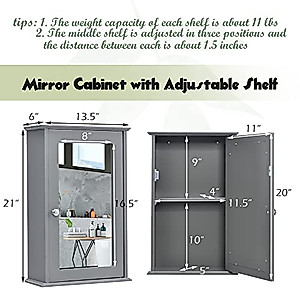 LOKO Bathroom Medicine Cabinet with Mirror, Wall Mounted Storage Cabinet with Single Mirrored Door and Adjustable Shelf for Bathroom, Living Room or Entryway, 13.5 x 6 x 21 inches (Grey)