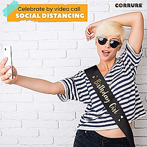 CORRURE 'Birthday Girl' Sash with Gold Foil - Soft Satin Black Sash for Women - Happy Birthday Sash for Queen, Sweet 16, 18th 21st 25th 30th 40th 50th or Any Other Bday Party