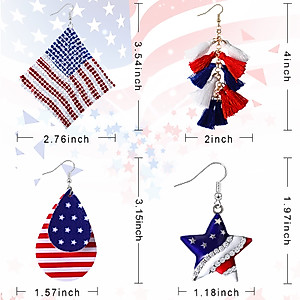4 Pairs American Flag Drop Dangle Earrings Independence Day Patriotic Earrings 4th of July Pendant Earrings Teardrop Tassel Rhinestone Earrings