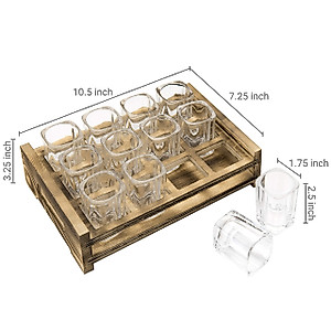 MyGift Shot Glass Serving Set Includes 12 Square Shot Glasses and Burnt Brown Wood Slotted Server Tray