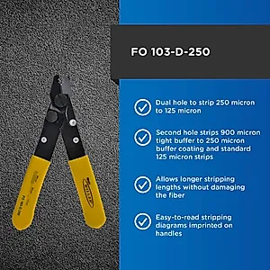 Miller FO 103-D Series Dual Hole Fiber Optic Stripper for Working Technicians, Electricians, and Installers, V-Shaped Opening, Safe Cable Tool, Easily Portable Wire Stripper, 2.72 Ounces