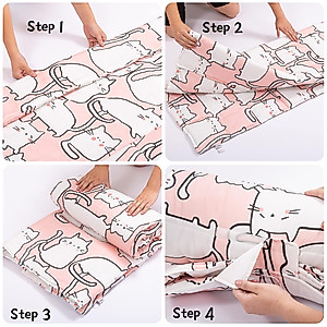 Rossison Nap Mat with Pillow and Blanket 100% Cotton with Microfiber Fill, Padded Sleeping Mat, for Daycare Preschool Toddler Prek Boys Girls Kids (Pink White Cat, Extra Long-56"x20")