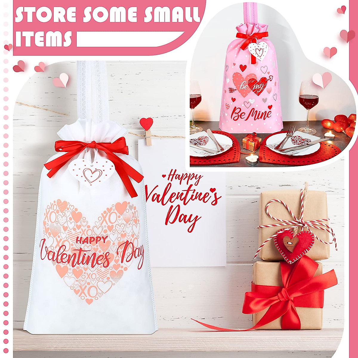 12 Pack Valentine's Day Gift Bags with Drawstring Satin Ribbon Drawstrings Valentine Bag Holly Cloth Gift Handle Bags Valentine Design Goodie Bags for Valentine Presents Party Favor