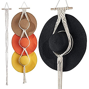 Boho Hat Hangers for Wall, Hat Organizer, Wall Hanging Hat Holder, Bohemian Hand Weaving Hat Storage and Hat Display for Straw Hats and Wide Brim Hats, Decorative Hat Rack for Closet and Door (WHITE)