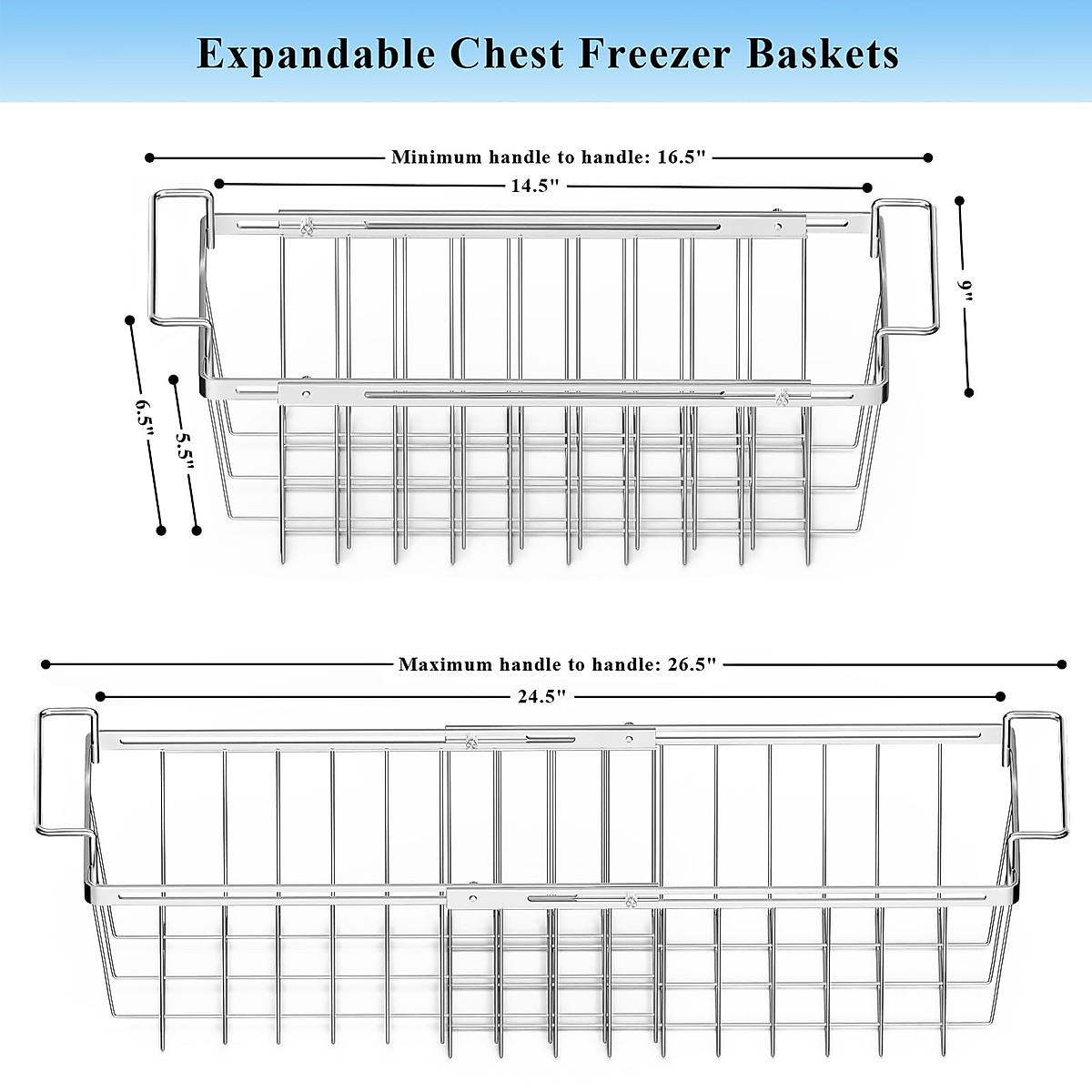 Orgneas Freezer Baskets for Chest Freezer, Expandable Deep Freezer Organizer Bins Wire Basket Storage Adjustable From 16.5" to 26.5", Stainless Steel Over the Sink Dish Drying Rack for Kitchen