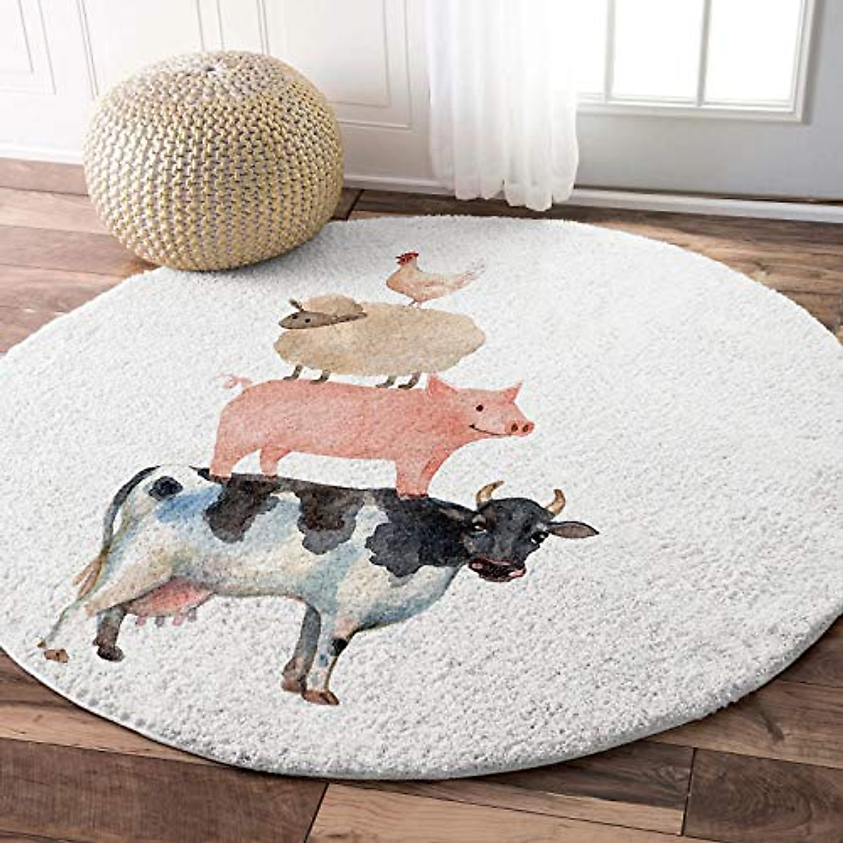 Shag Area Rug, 3ft Indoor Round Area Rugs- Cow Pig Sheep Chicken Farmhouse Animal Pattern Shaggy Carpet Nursery Rug for Kids Baby Bedroom Living Room Home Decor