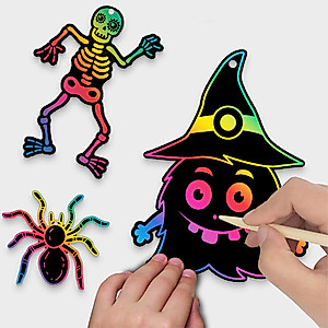 Mocossmy Halloween Magic Scratch Cards,24PCS Skeleton Spider Witch Pumpkin Rainbow Scratch Paper Scratch Art Crafts & Scratch Sticks & Ribbons Set for Kids St Patrick's Day Party Favor Supplies Games