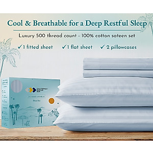 California Design Den - Finest Luxe Full Size Sheet Set Soft 100% Cotton Cooling Sheets Deep Pockets Snug Fit Elastic, 500 Thread Count, 4-Pc Set, Damask Stripe Bed Sheets (Stripe - Sky Blue)