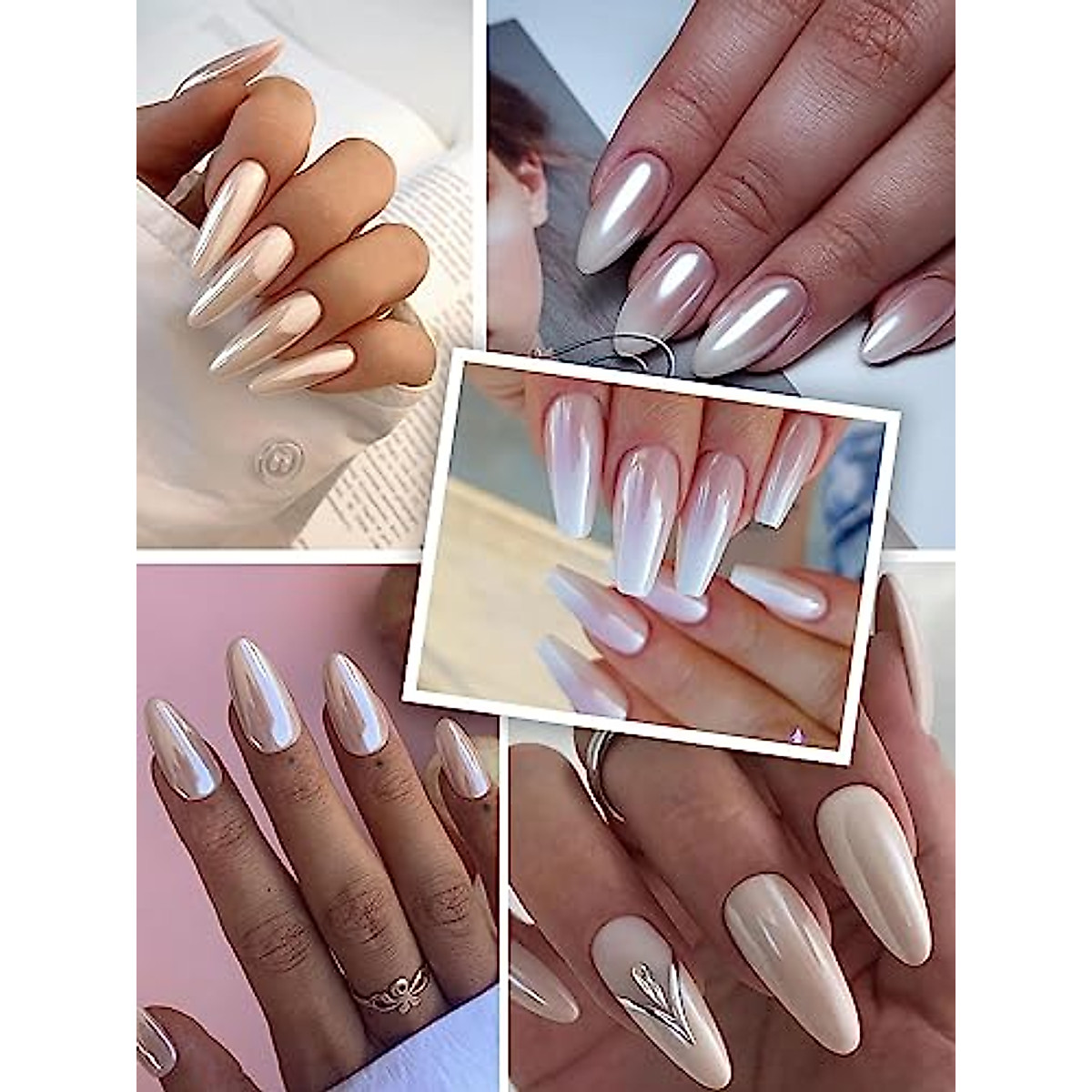 BISHENGYF White Pearl Chrome Nail Powder - 2Pcs Shiny Mirror Effect Aurora Nail Jewelry Glitter Powder White Chrome Nail Powder for Nails Art DIY