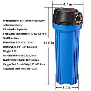 Geekpure 10-Inch Whole House Slim Water Filter Housing for 2.5" x 10" Filter - 3/4"NPT Brass Port - with Air Relief Valve-Blue