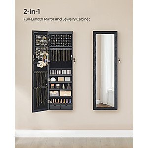 SONGMICS 6 LEDs Mirror Jewelry Cabinet, 47.2-Inch Tall Lockable Wall or Door Mounted Jewelry Armoire Organizer with Mirror, 2 Drawers, 3.9 x 14.6 x 47.2 Inches, Black UJJC093B01