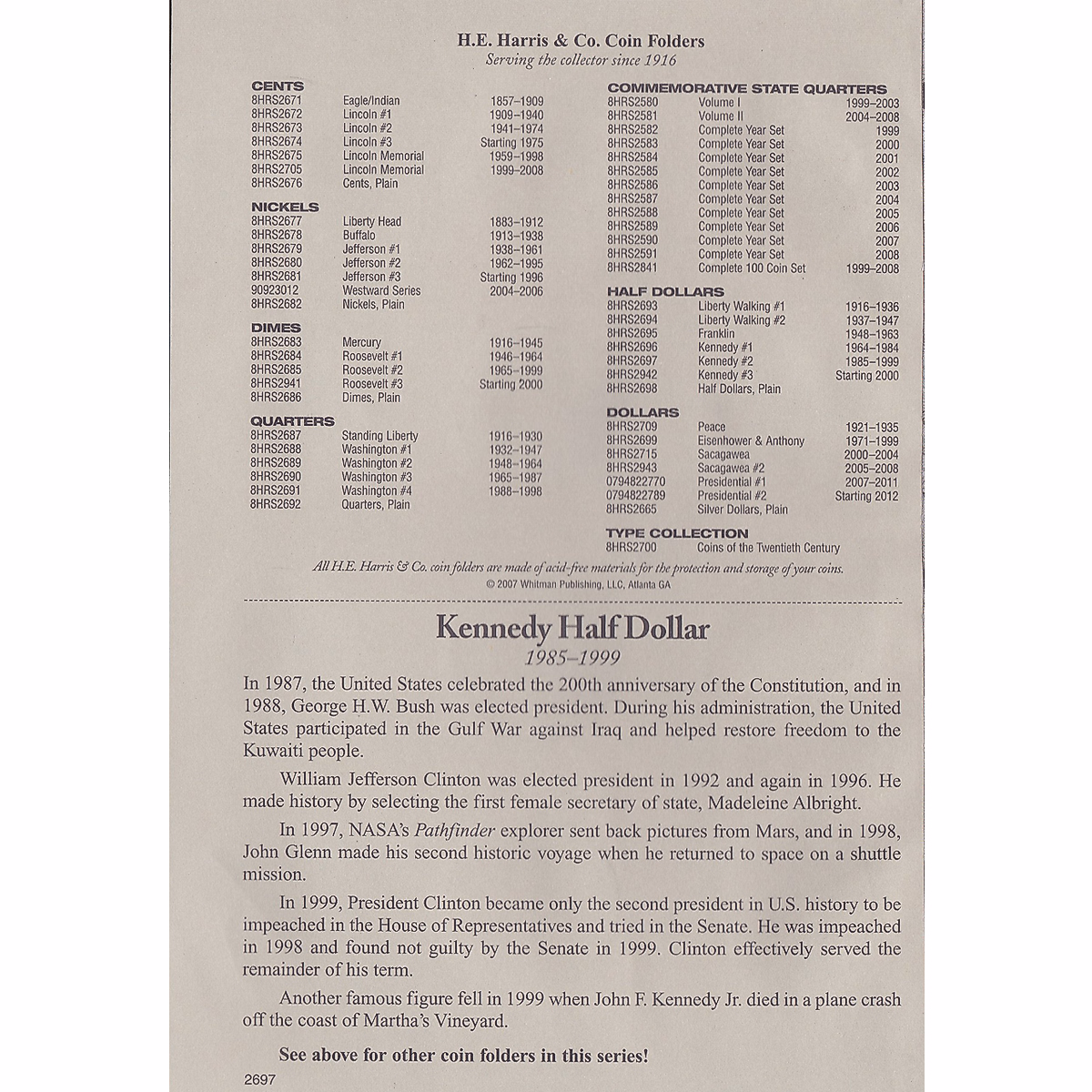 H.E. Harris & Co. US John F. Kennedy Half Dollar Coin Folder 1985 – 1999 #2697