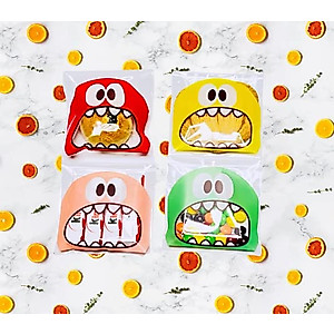 Alvene 400pcs Cookie Bags, Big Mouth Monster Self Adhesive Bags,4 x 4 Inch Flat Cellophane Goody Bags, DIY For Kids Party Favor, Candies Cookies And Chocolates (Four Colours)