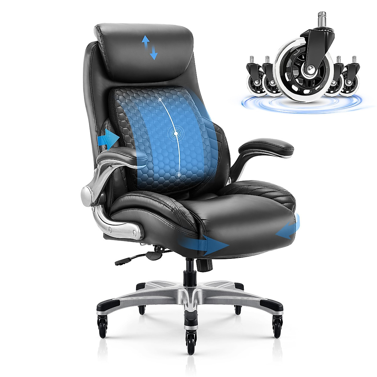 Office Chair Ergonomic Desk Chair with Pop-Out Lumbar Support, High Back Executive Chair, Upgraded Casters, Adjustable Headrest, Flip-Up Arms, Leather Home Chair with Thick Cushion for Comfort-Black