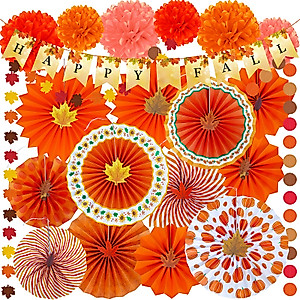 Winlyn 21 Pack Bulk Fall Party Decorations Set Auntumn Orange Hanging Paper Fans Happy Fall Banner Pom Poms Fall Maple Leaves Garlands for Thanksgiving Wedding Birthday Festival Party Backdrop Décor
