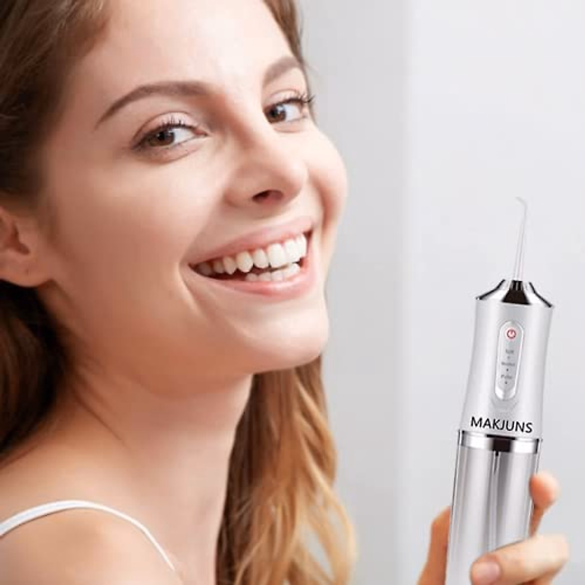 MAKJUNS Water Dental Flosser Cordless Teeth Cleaner with 3 Modes 4 Jets Rechargeable IPX7 Waterproof Dental Oral Irrigator for Travel Home Braces(Silver)