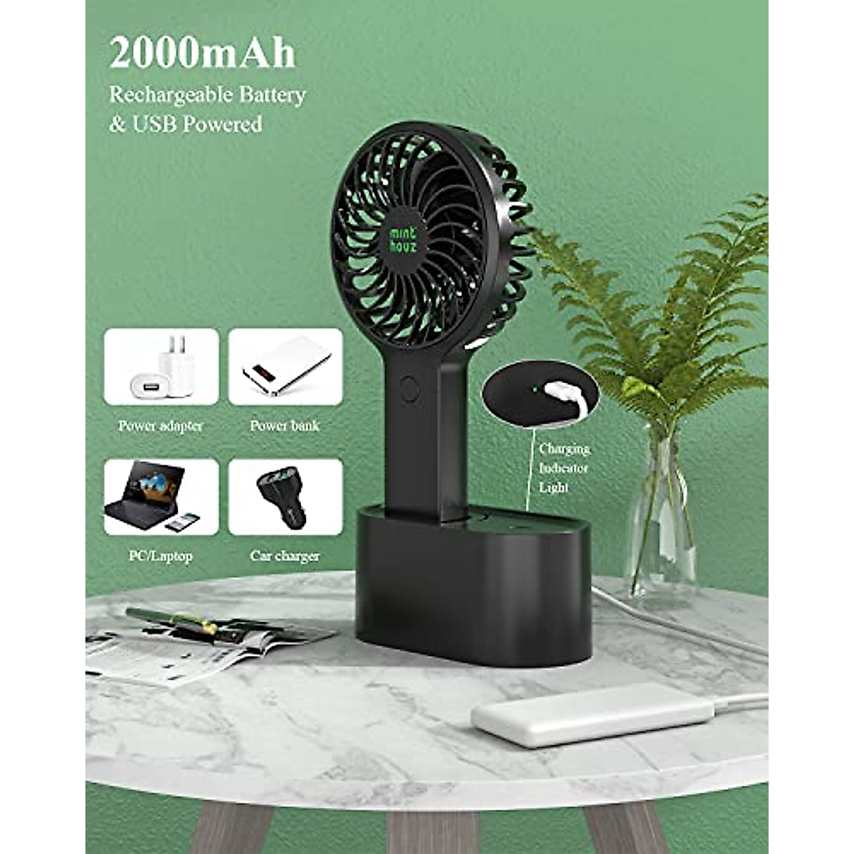 Minthouz Handheld Fan, 90° Automatic Head Shaking Personal Fan with Rotating Base, 3 Speed Adjustable Portable Fan Rechargeable Desk Fan with 2000mAh Built-in Battery, Mini Fan for Office/Home/Outdoor