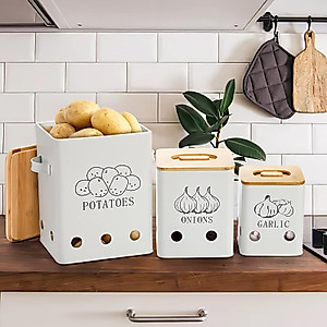 WUWEOT 3 Pack Vegetable Storage Tins, Metal Onion Garlic Potato Jars Set, Kitchen Canisters Vegetable Keeper Containers with Aerating Holes and Wooden Lid