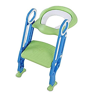 Toilet Training Seat, Adjustable Baby Safety Potty Training Seat Chair Foldable Kids Toilet Potty Trainer with Step Stool Ladder and Soft Cushion for Toddler Child Baby Boys Girls(Blue Green)