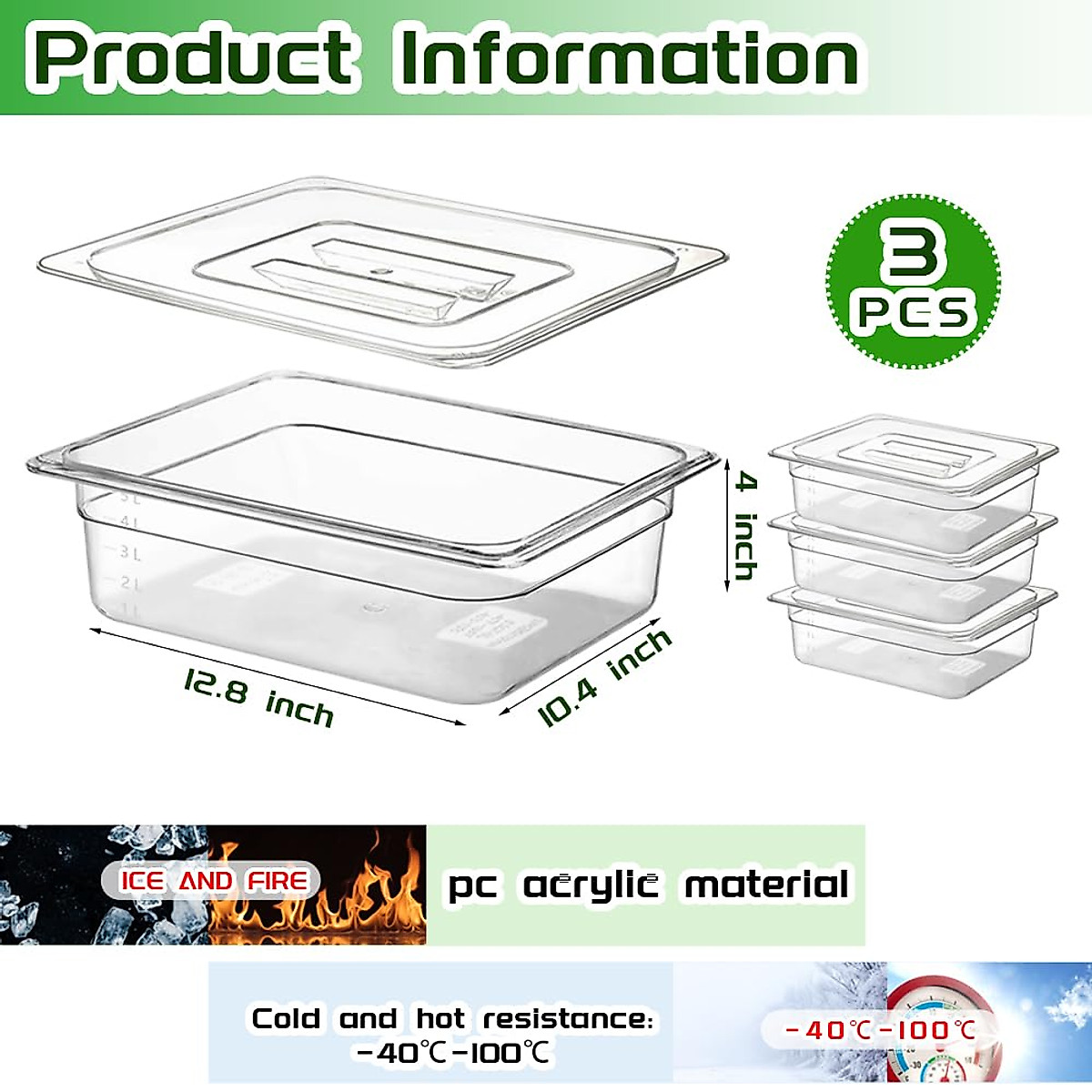 Cezoyx 3 Pack 1/2 Size Food Pans with Lids, 4 Inch Clear Food Pans, Acrylic Commercial Food Containers for Kitchen, Restaurant and Cafeterias