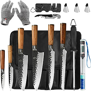 FULLHI 12pcs Butcher Chef Knife Set include sheath High Carbon Steel Cleaver Kitchen Knife Whole Tang Vegetable Cleaver Home BBQ Camping with Knife Bag,Meat Thermometer