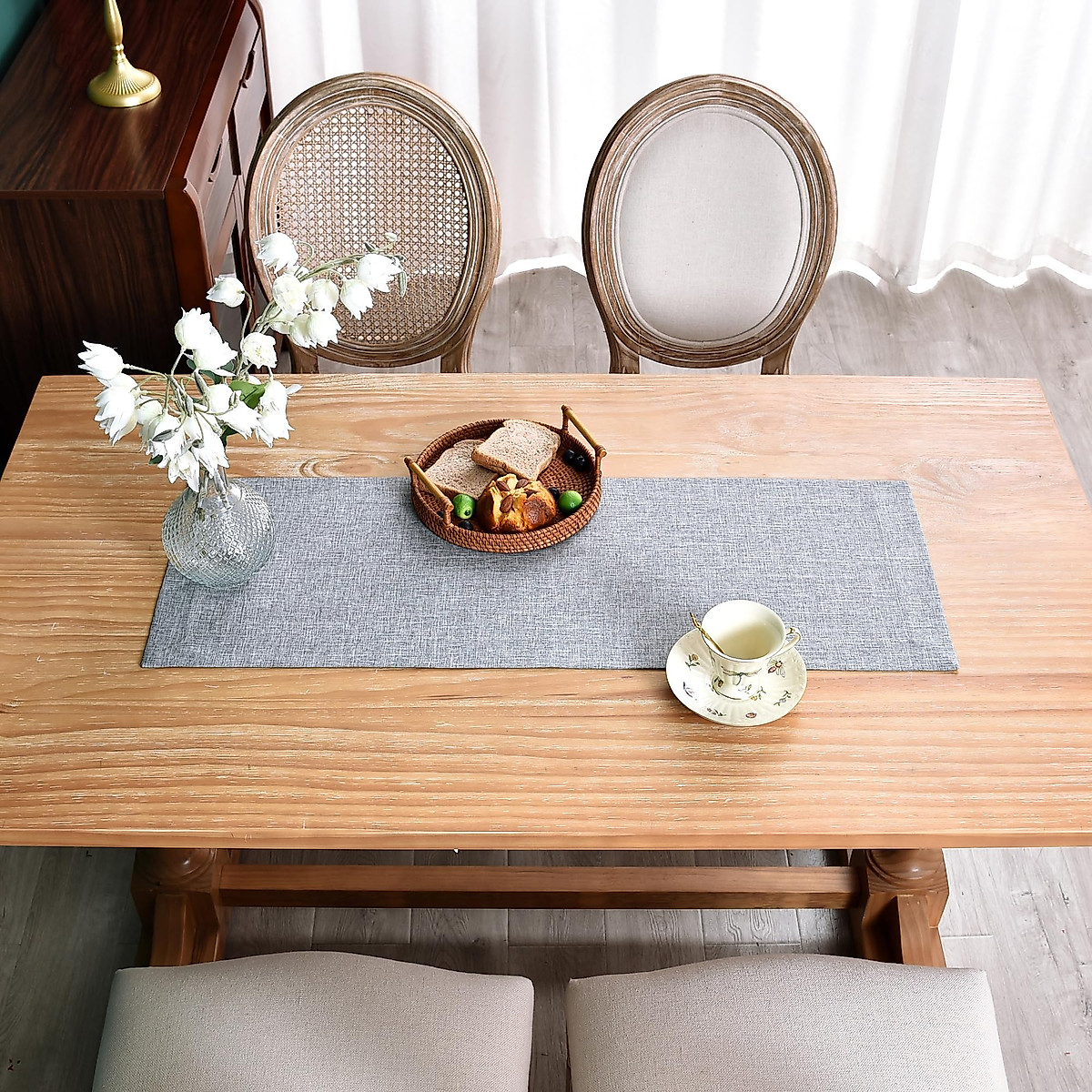 NEWISHER Farmhouse Rustic Table Runner Solid Grey Rectangular Table Runners Faux Linen Table Runner for Everyday Use Kitchen Dining Party Table 13x36 Inch