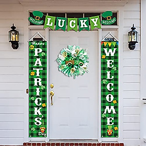 St Patricks Day Decorations Outdoor, Green Buffalo Check Plaid Welcome Banners Porch Signs W LUCKY Garland Banner, Irish Shamrock Happy Saint Patrick's Day Décor for Home Party Door Classroom Office