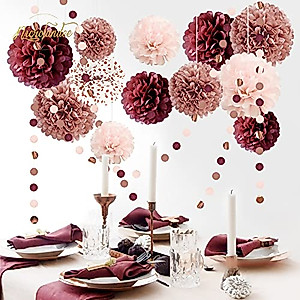 NICROLANDEE 15Pcs Rose Gold Burgundy Tissue Pom Poms Circle Dots Polka Dot Kit for Wedding, Bachelorette, Engagement, Bridal Shower, Burgundy Birthday Decorations