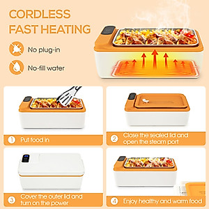 Cordless Electric Lunch Box, No Water Required Heated Lunch Box for Car/Truck/Home, USB Electric Lunch Box for Adults 1L 304 Stainless Steel Container, Warming Time Selectable with HD Digital Display