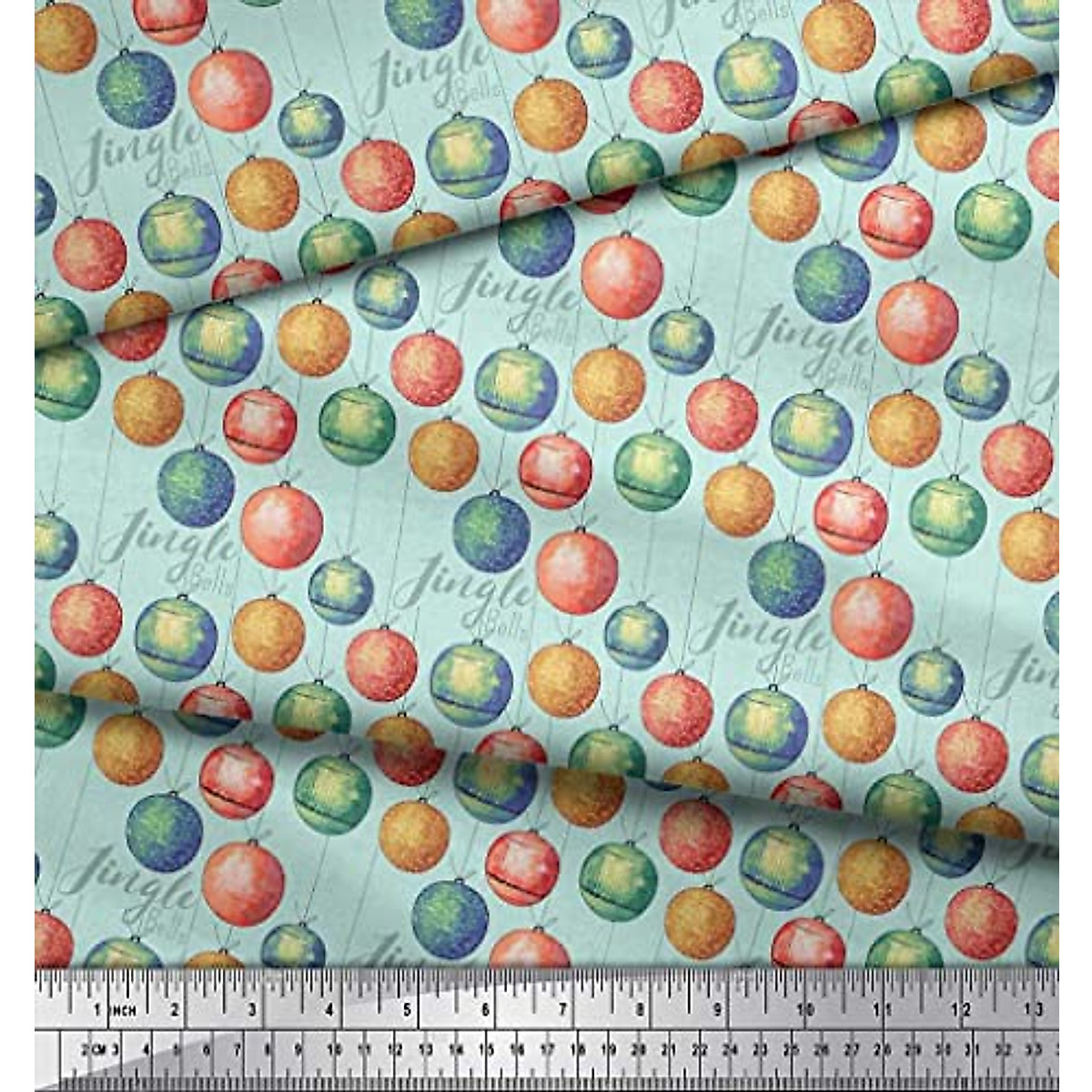 Soimoi Green Cotton Canvas Fabric Baubles Christmas Print Fabric by The Yard 56 Inch Wide