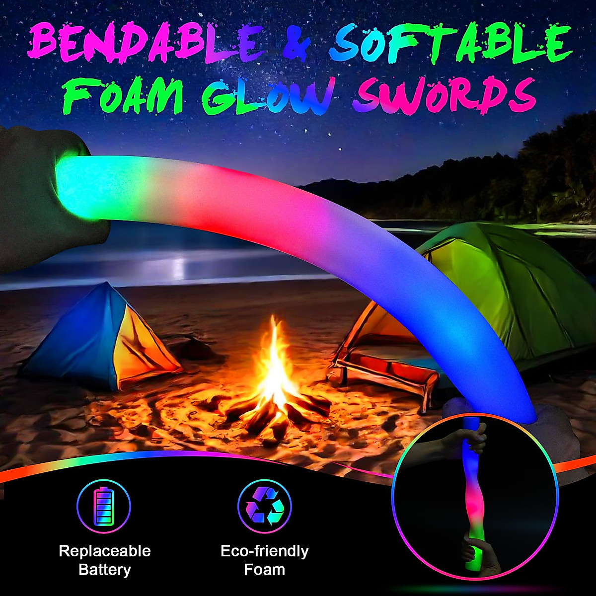 wellent 64 Foam Glow Sticks, LED Foam Sticks, Foam Light Up Sticks with 3 Mode Colorful Flashing, Bulk Glow Sticks,Glow Party Supplies Glow Wands for Wedding, Birthday, Concert, Halloween Glow Party