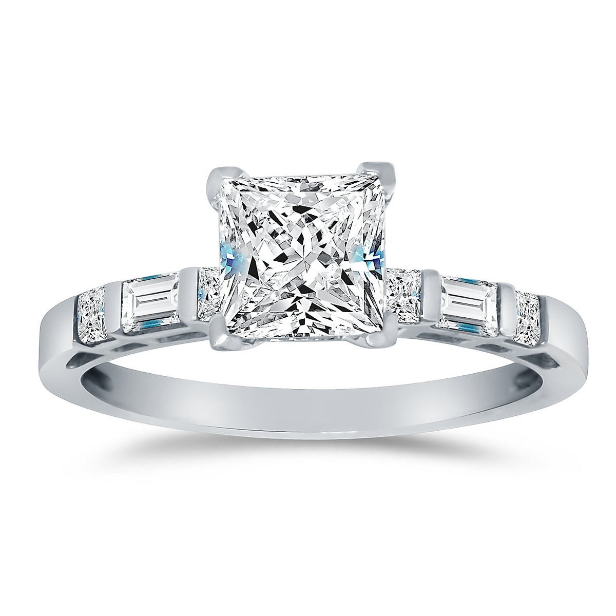 Size 8.5 - Solid 14k White Gold CZ Cubic Zirconia Bridal Engagement Ring w/Matching Wedding Band Two Ring Set - Princess Cut Solitaire with Baguette Side Stones (1.75cttw., 1.0ct. Center)