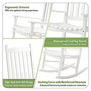 Yewuli Outdoor Patio Wooden Rocking Chairs Set of 2 Clearance,Porch Rockers Chair Outdoor with High Back and Handrail,Outside White Big and Tall Rocking Chairs Indoor for Porch,243LBS,White