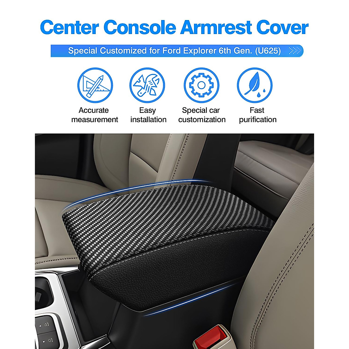 Autorder Center Console Cover for Ford Explorer 2020 2021 2022 2023 2024 Accessories Armrest Cover Carbon Fiber Anti-Scratch Middle Console Pad Leather Armrest Protector