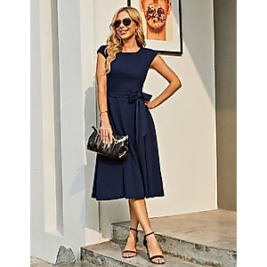 DRESSTELLS Women's Cocktail Dresses for Wedding Guest 2024, Formal Fit Flare Homecoming Prom Vintage Tea Party Hepburn Dress, Modest Funeral Midi Dress Navy M