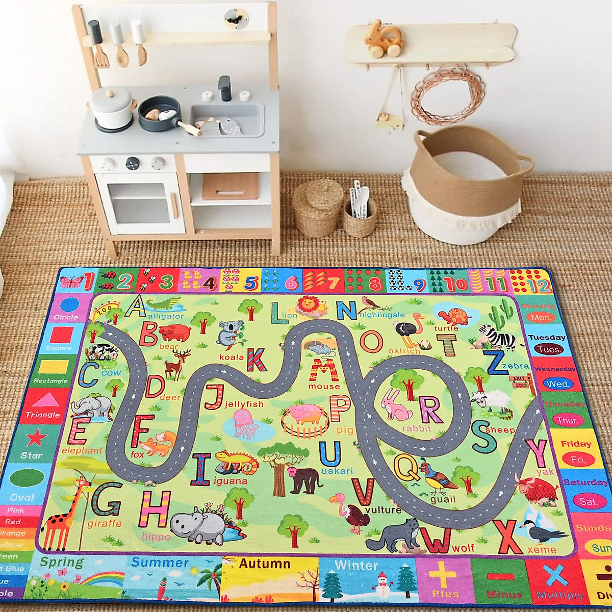 Terrug Kids Rugs for Playroom, Educational Classroom Rug for Kids Room, Washable Nursery Rug Carpet Non Slip Playroom Rug Play Mat for Learning ABC Rug, Numbers, Animal, Colors, Season, 4X6 Feet