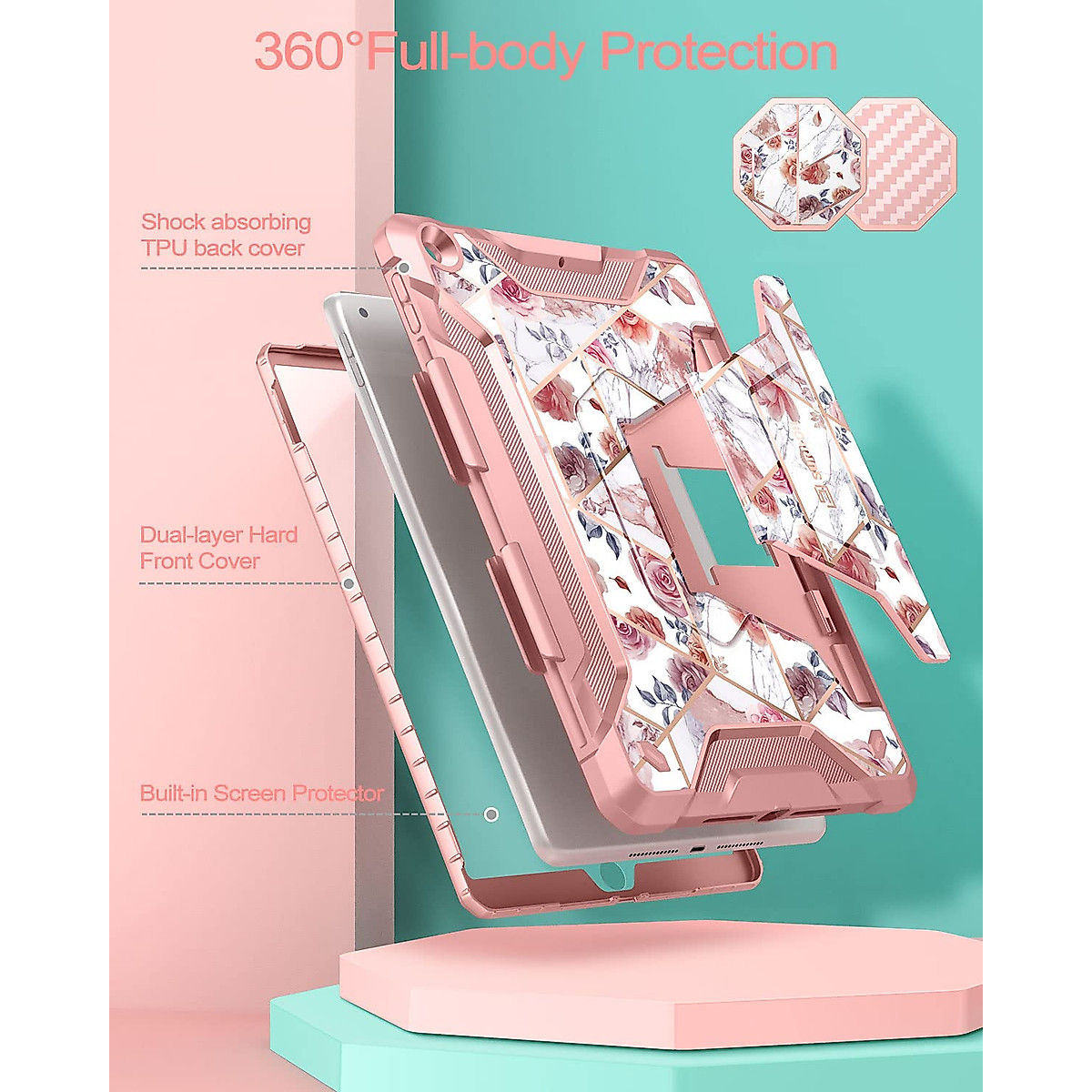 SURITCH for iPad 9th/8th/7th Generation Case 10.2-inch, Built in Screen Protector Pencil Holder Shockproof Rugged Full Body Protection Case with Kickstand for iPad 2021/2020/2019 - Rose Marble