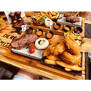 Black Rock Grill Steak Stone, Hot Stone Grill - Sizzling Hot Rock, Indoor Grill, Cooking Stone with Matt Black Ramekins and Side Plate (One Standard Set)